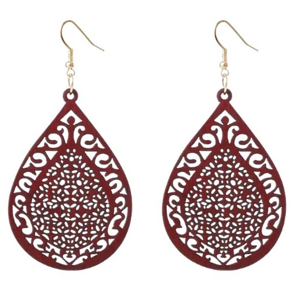 Jewelry | Carved Wood Teardrop Earrings In Rust | Poshmark